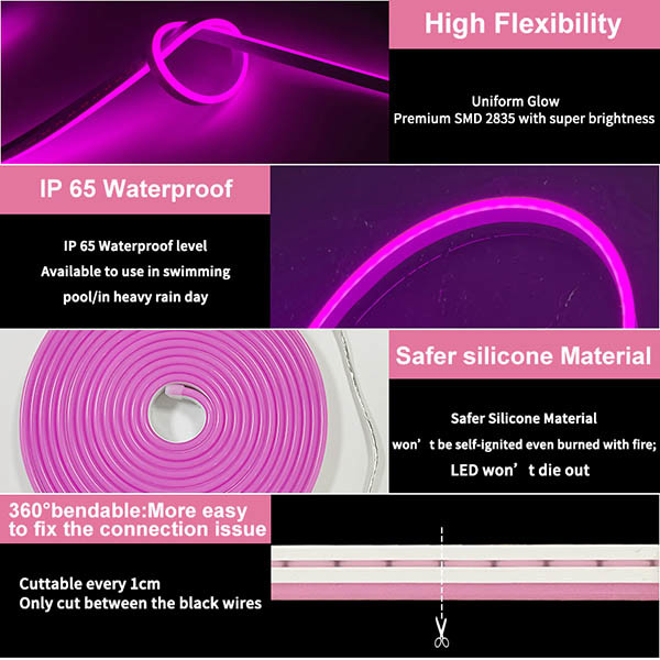 1cm Cutting IP65 LED Neon Rope Light 12V Flexible Silica Gel Pink Rope ...