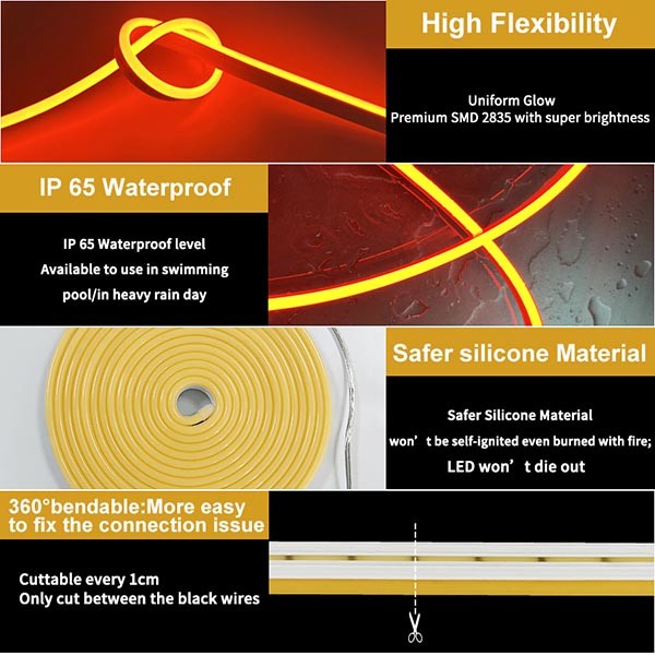 5X12mm Flexible Silicone LED Neon Rope Light DC12V IP65 For DIY Indoor ...